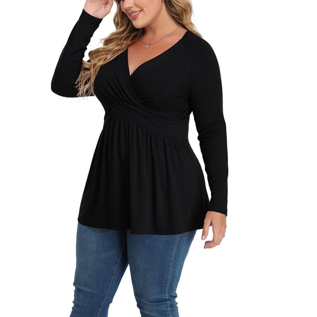 Chalesta Women Plus Size Top Long Sleeve Print Tops Pleated Casual V ...