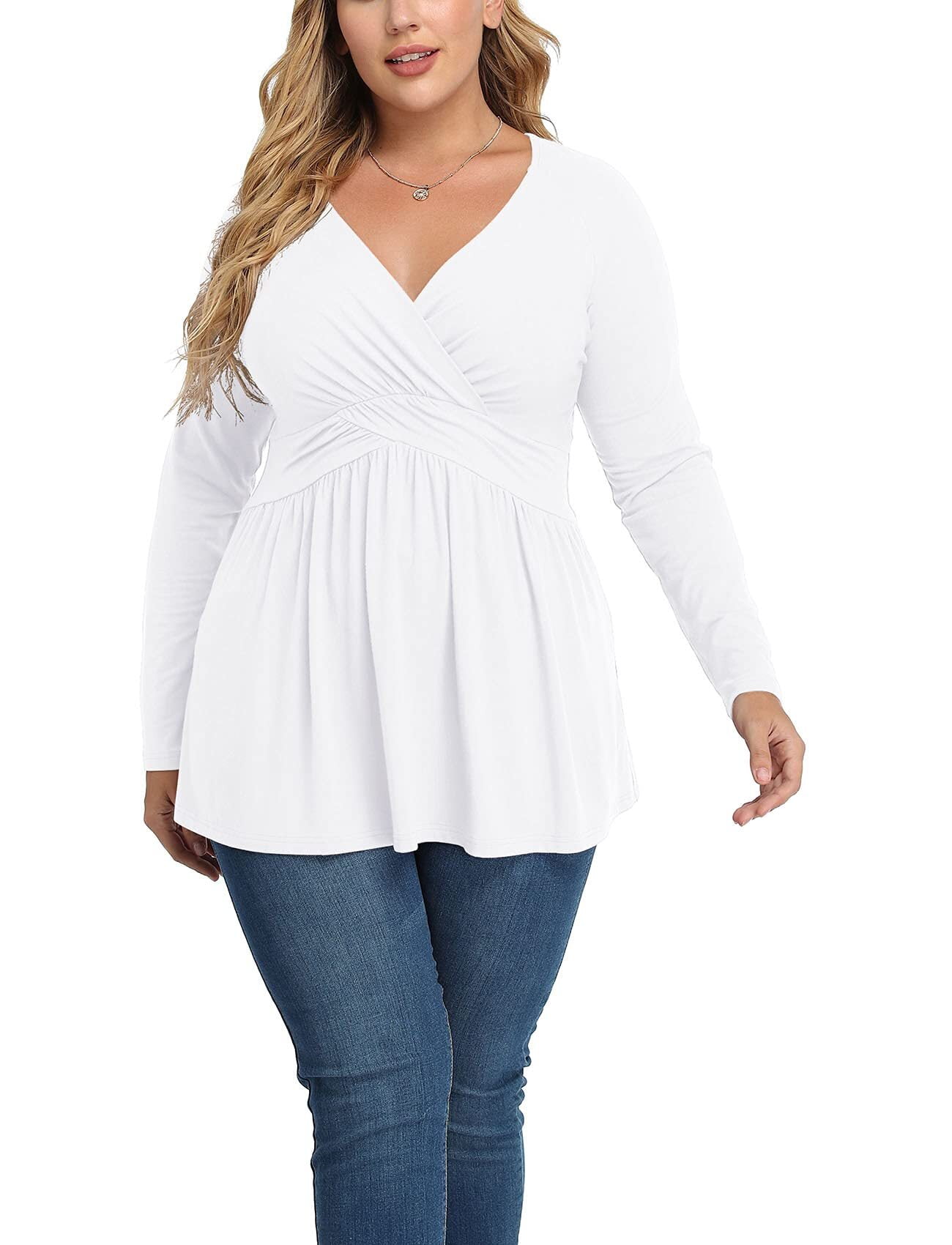 Chalesta Women Plus Size Top Long Sleeve Print Tops Pleated Casual V ...