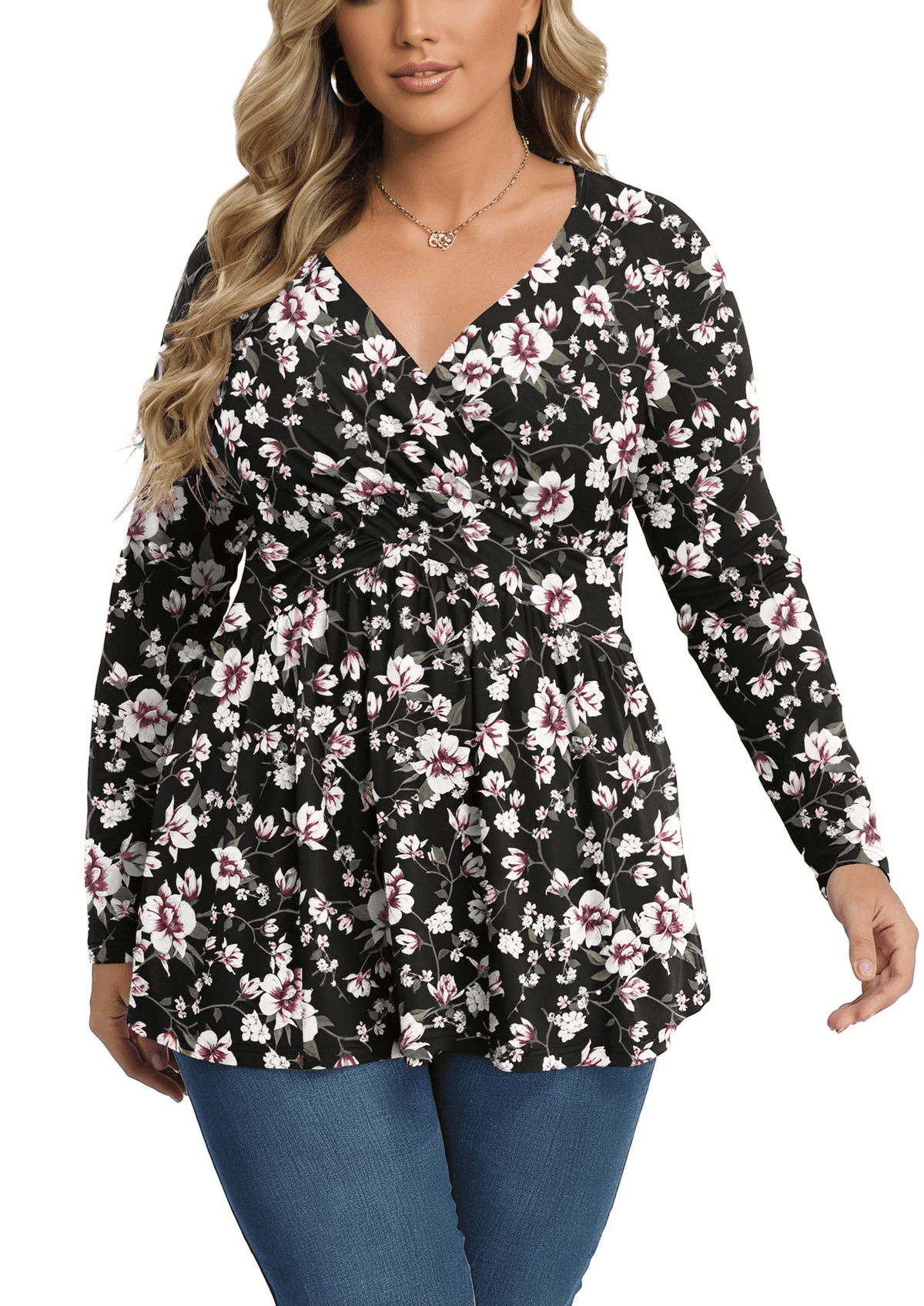KOITHOT Women Plus Size Top Long Sleeve Floral Print Tops Pleated ...