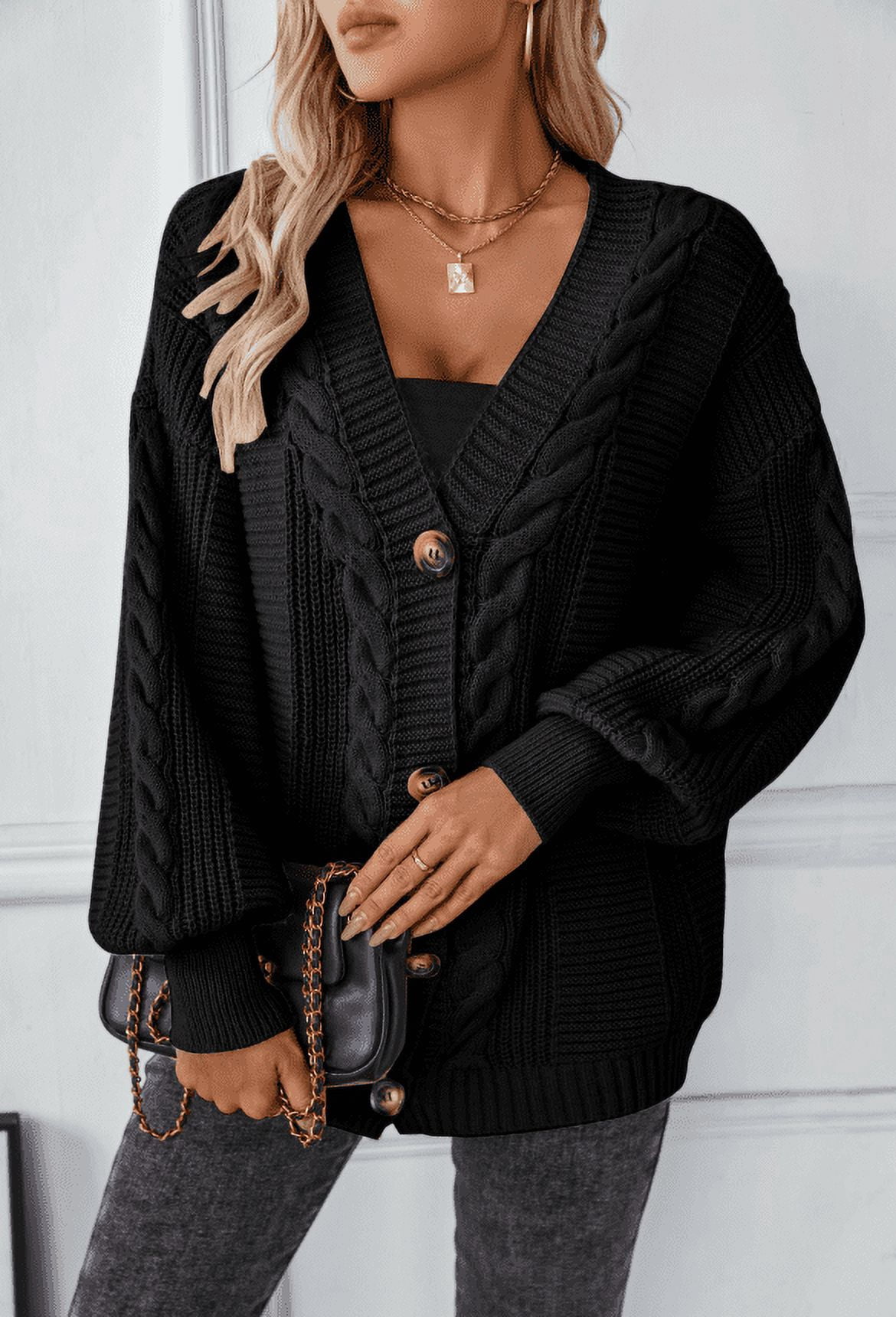 KOITHOT Womens Cardigan Cable Knit Sweater Button Down Loose Oversized ...