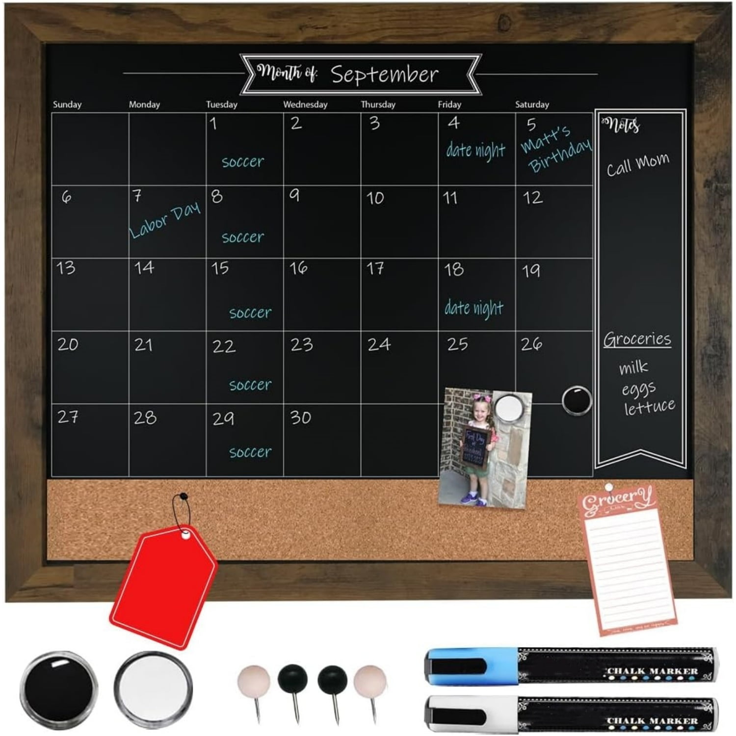 Chalk Board Calendar for Wall & Bulletin Combo - 18 x 24-Inch Rustic ...