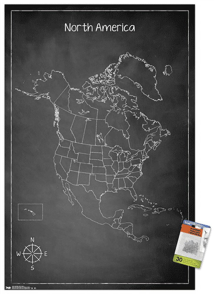 Chalk Map - North America Wall Poster with Push Pins, 22.375" x 34 ...