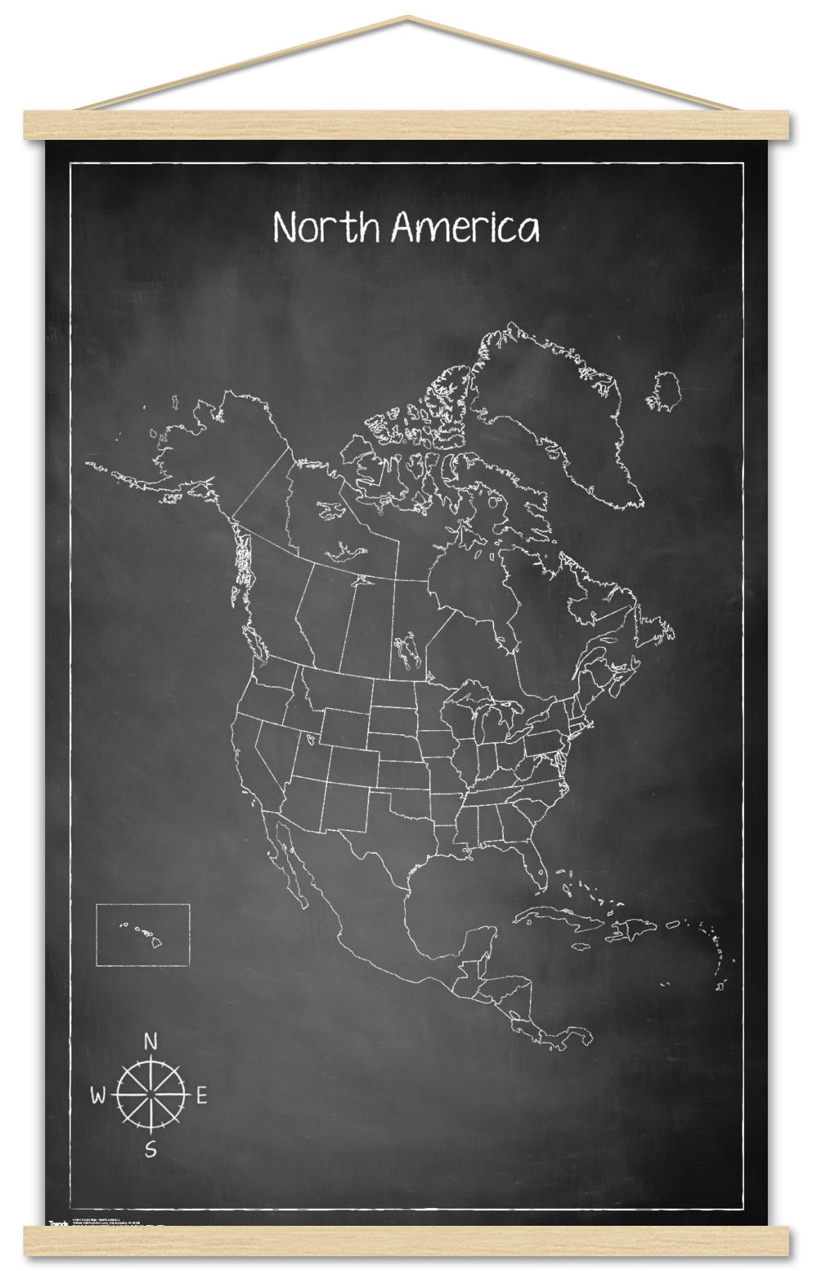 Chalk Map - North America Wall Poster with Wooden Magnetic Frame, 22. ...