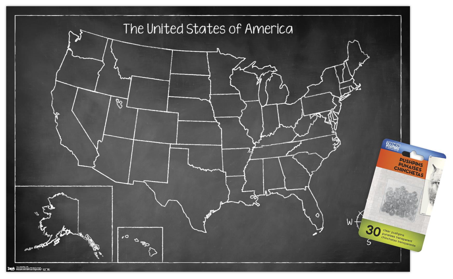 Chalk Map - USA Wall Poster with Push Pins, 14.725" x 22.375" - Walmart.com