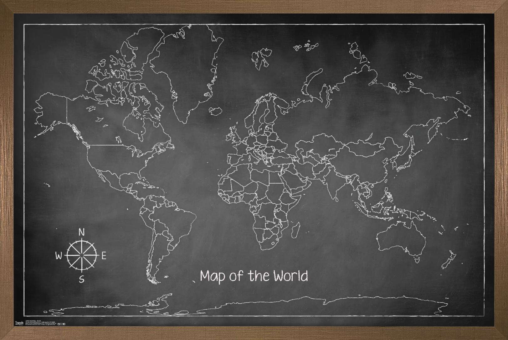 Chalk Map - World Wall Poster, 14.725" x 22.375", Framed - Walmart.com