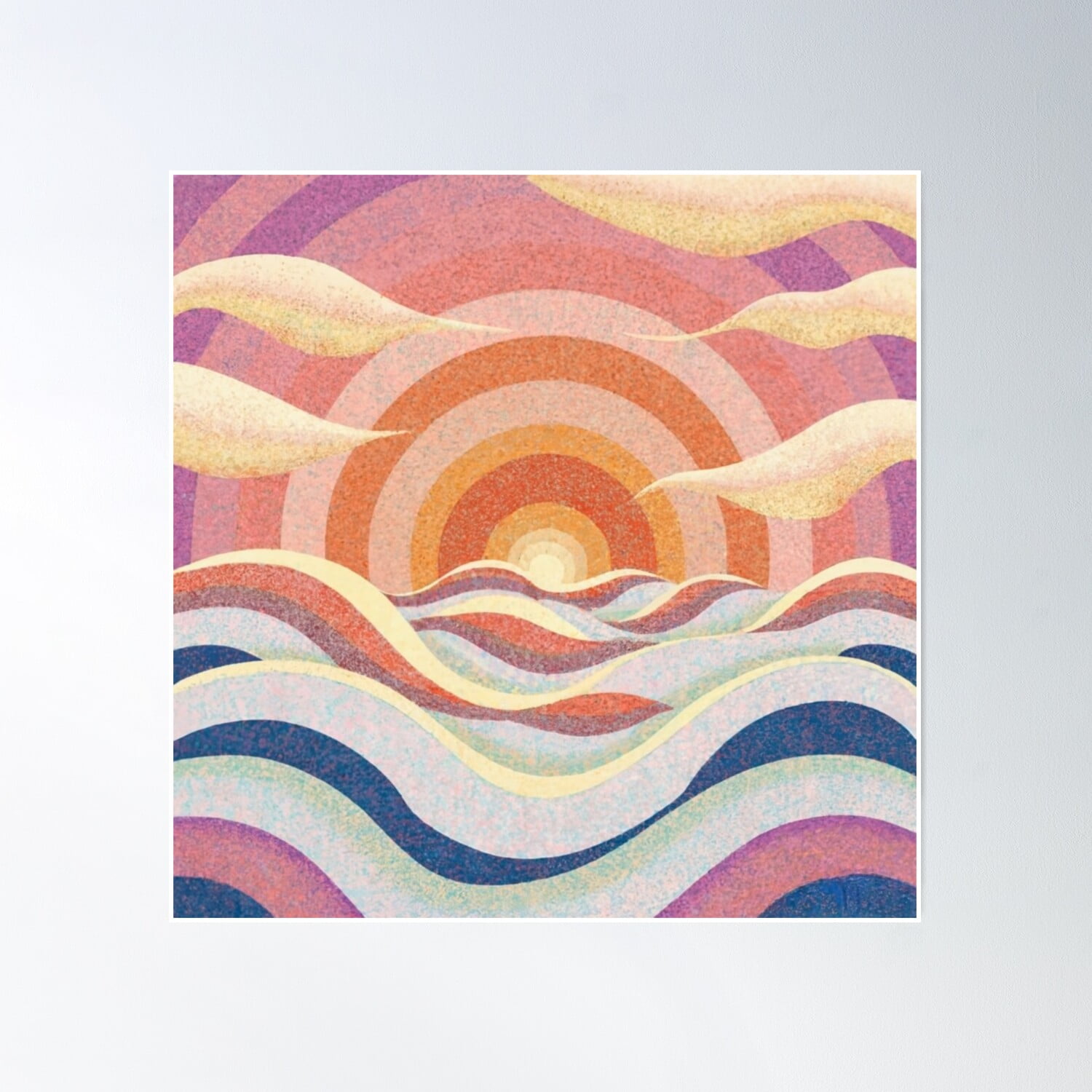 Chalk Paster Drawing Of Sunset Over Waves Poster Wall Art, Modern Wall ...