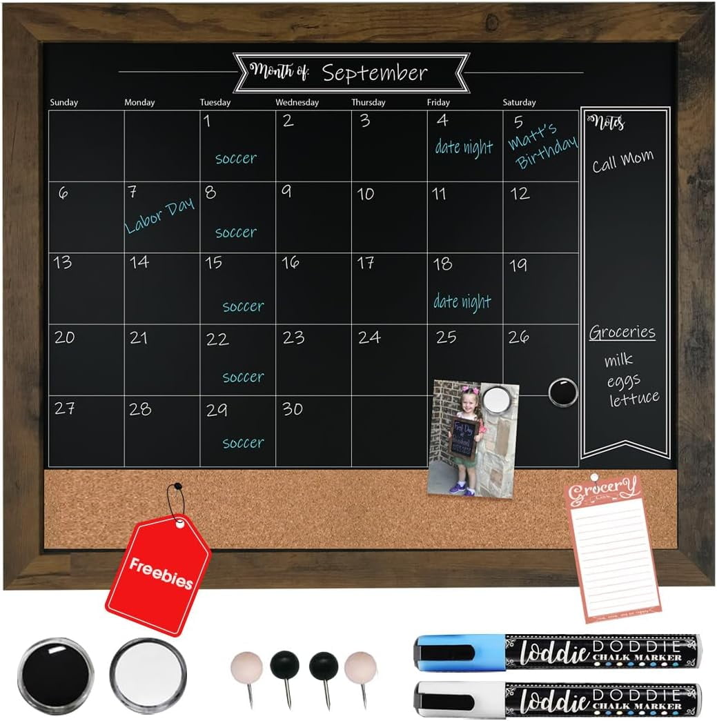 Chalkboard Calendar & Bulletin Board - 18" x 24", Rustic Frame ...