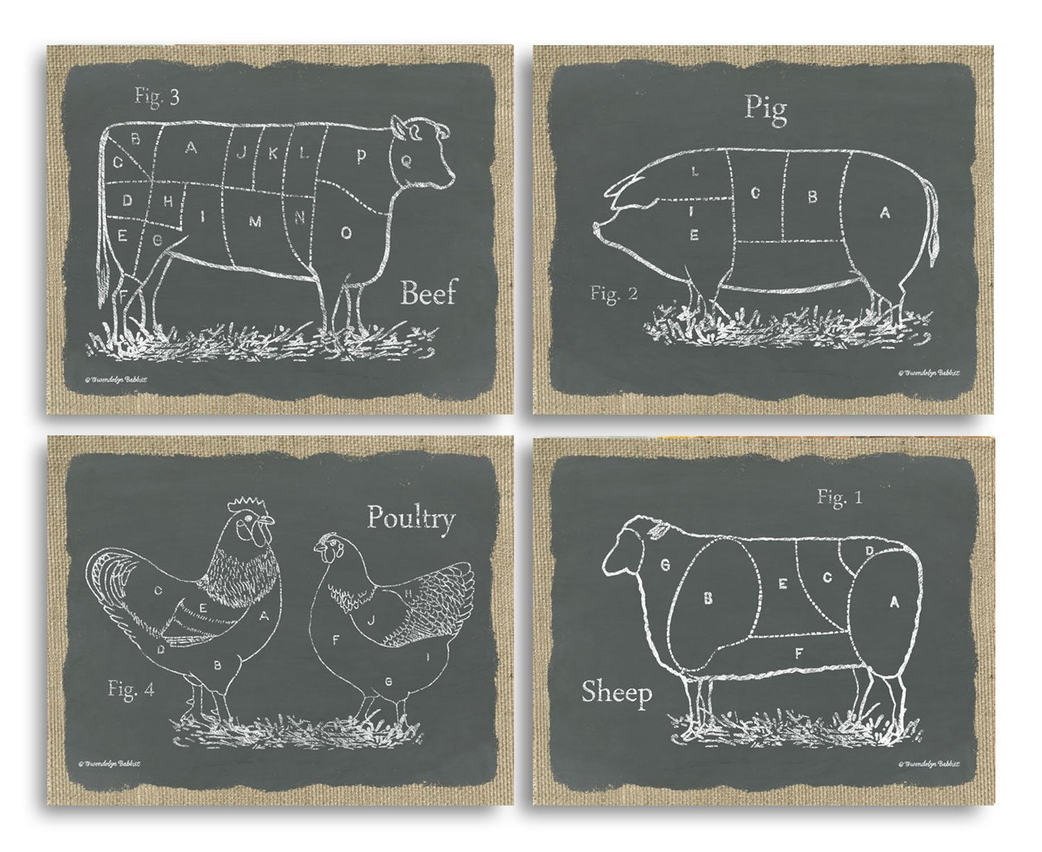 Chalkboard and Burlap Style Kitchen Art; Sectioned Farm Animals; Cow ...