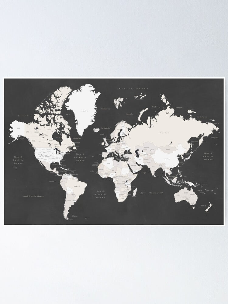 Chalkboard world map with countries and states labelled Canvas Poster ...