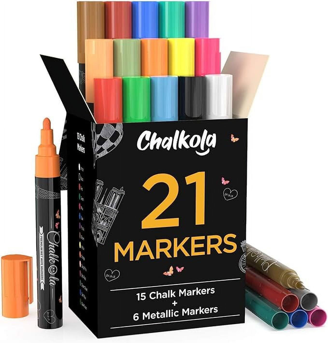 Chalkola Liquid Chalk Markers & Metallic Colors (Pack of 21) - Erasable ...