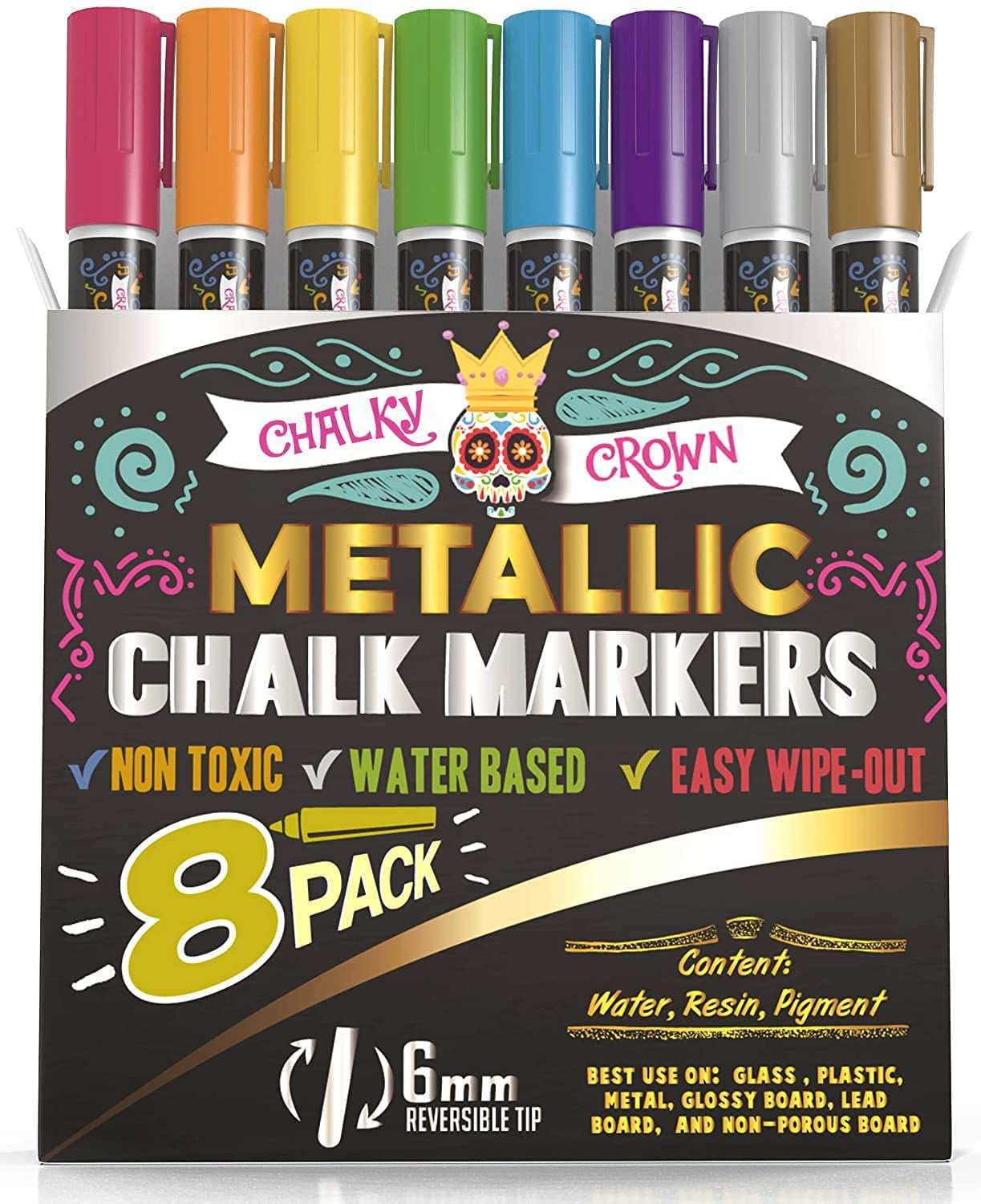 Chalky Crown Neon Liquid Chalk Markers - Dry Erase Pens, Reversible Tip ...