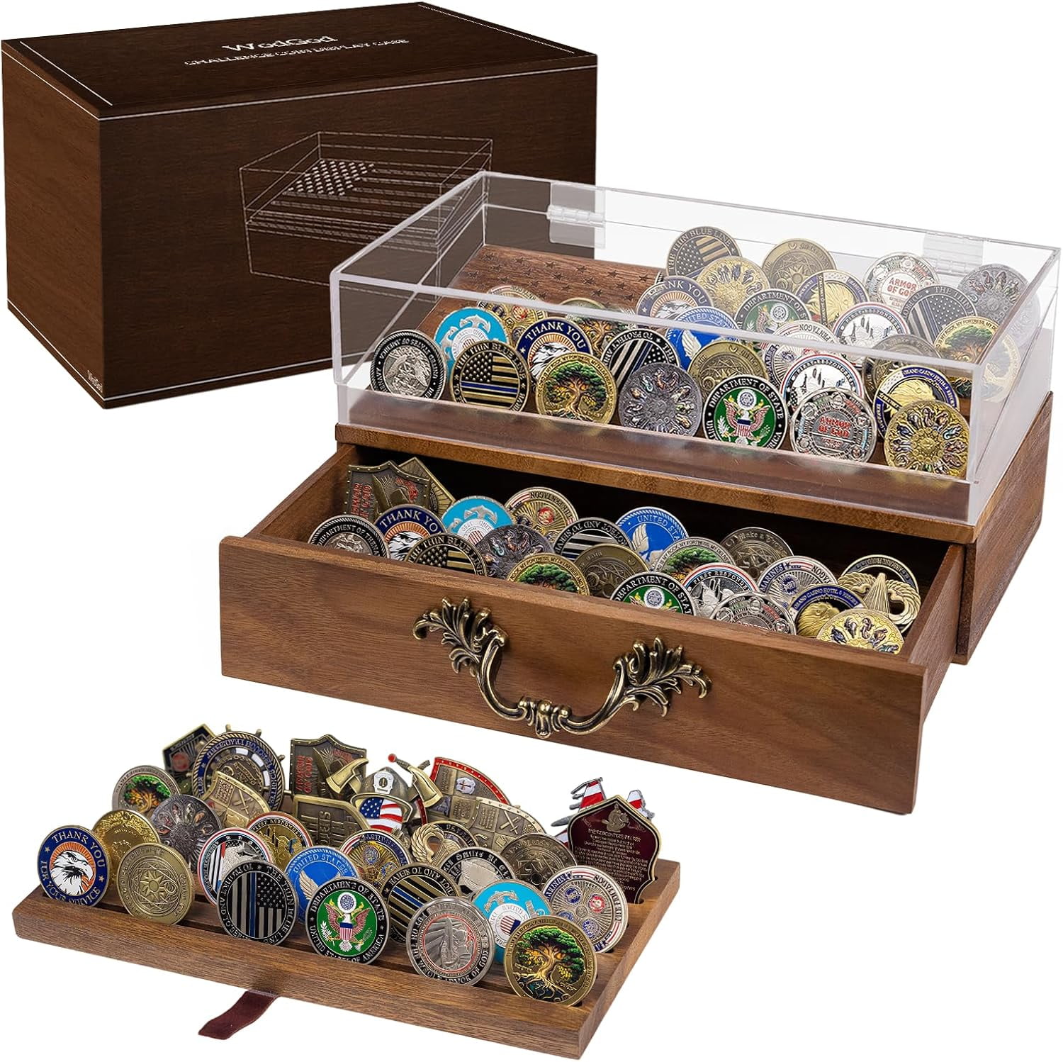 Challenge Coin Display Case, Sloped Style with American Flag, Flip Lid ...
