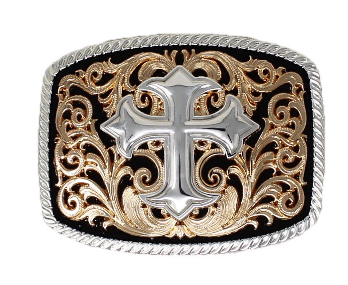 Challenger 2" Western Two-Tone Cross Floral Engraved Belt Buckle 2812 ...