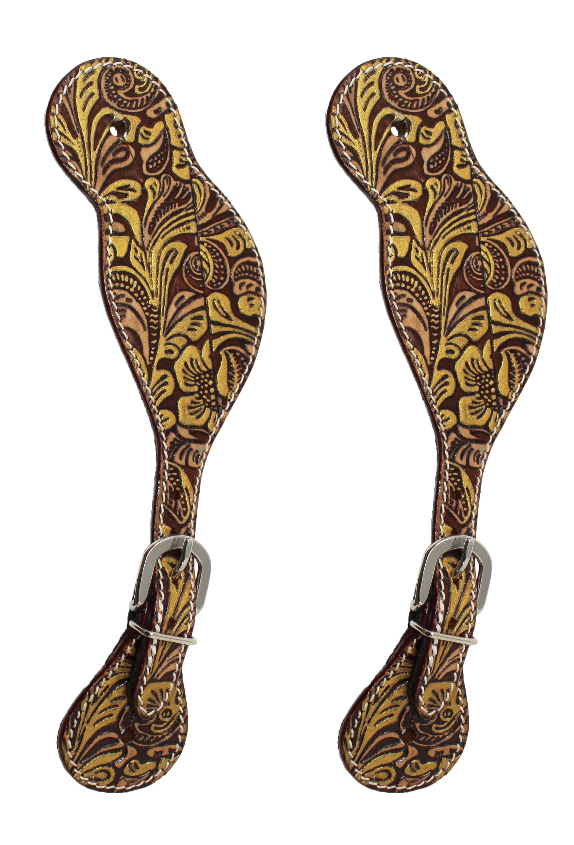 Challenger Western Cowboy Boot Leather Gold Floral Tooled Spur Straps ...