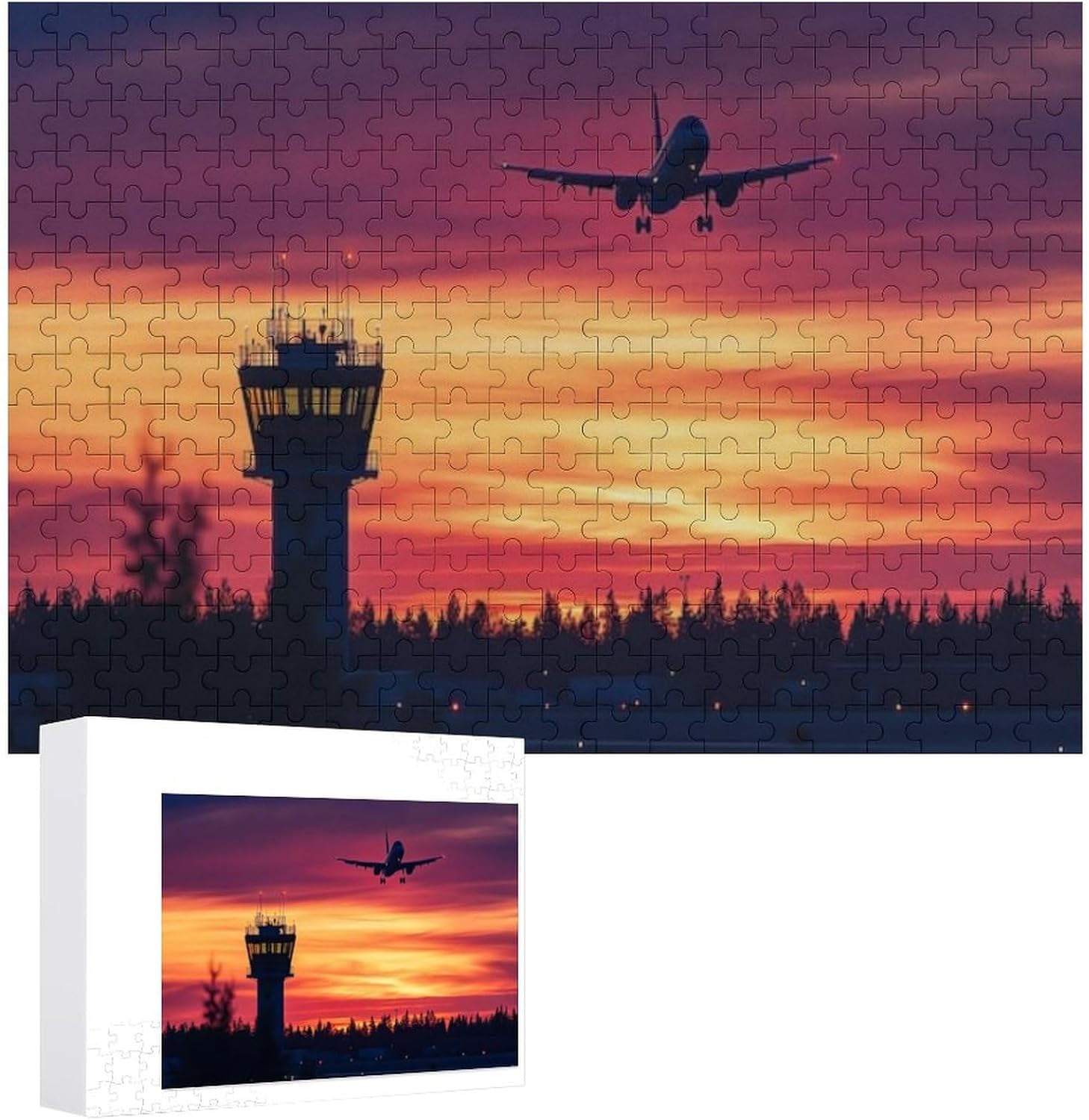 Challenging Jigsaw Puzzle for Adults Silhouette of an Airplane Flying Over The Control Tower at ...
