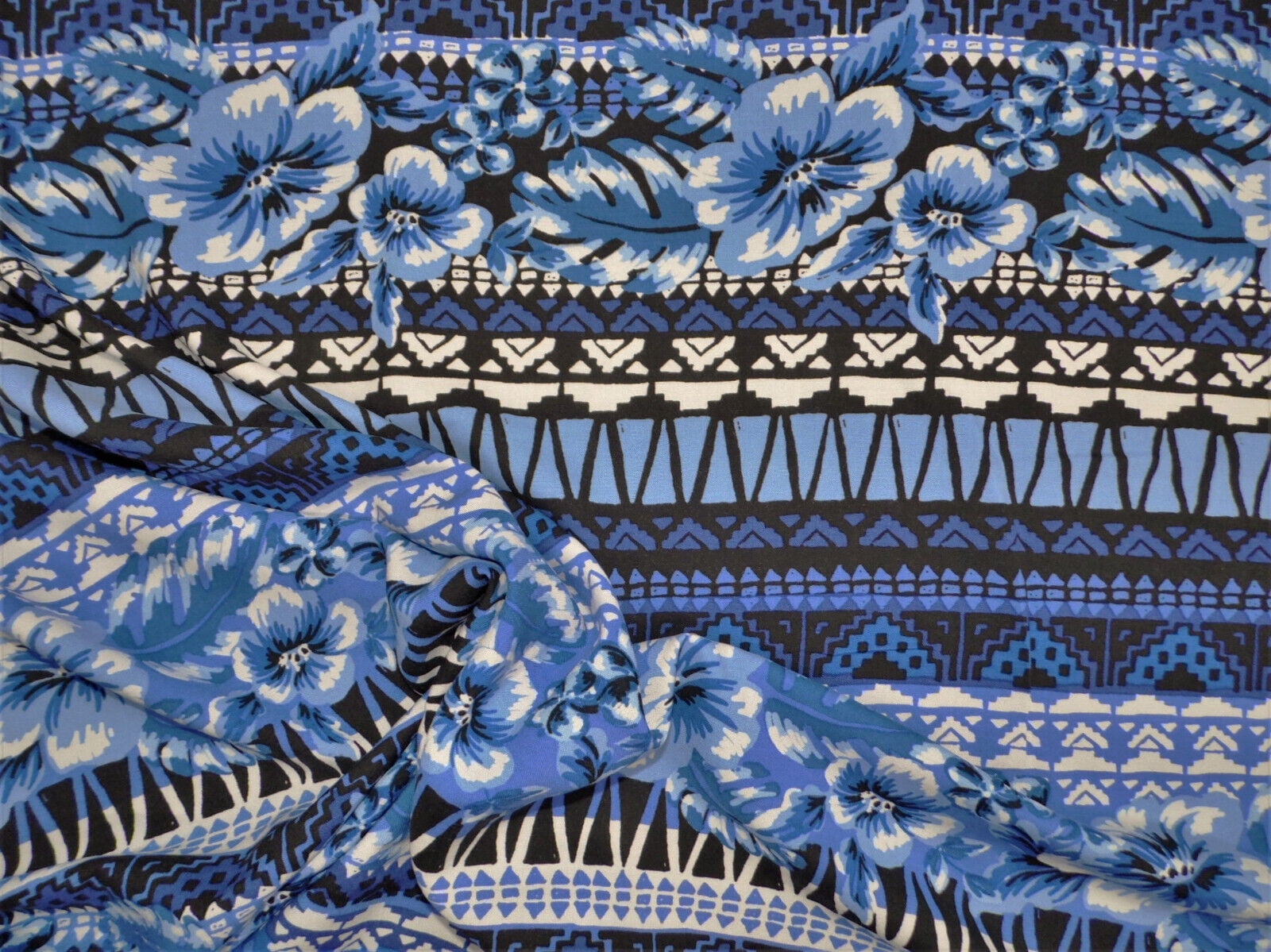 Challis Rayon Apparel Fabric Tropical Floral Aztec Blue Black White ...