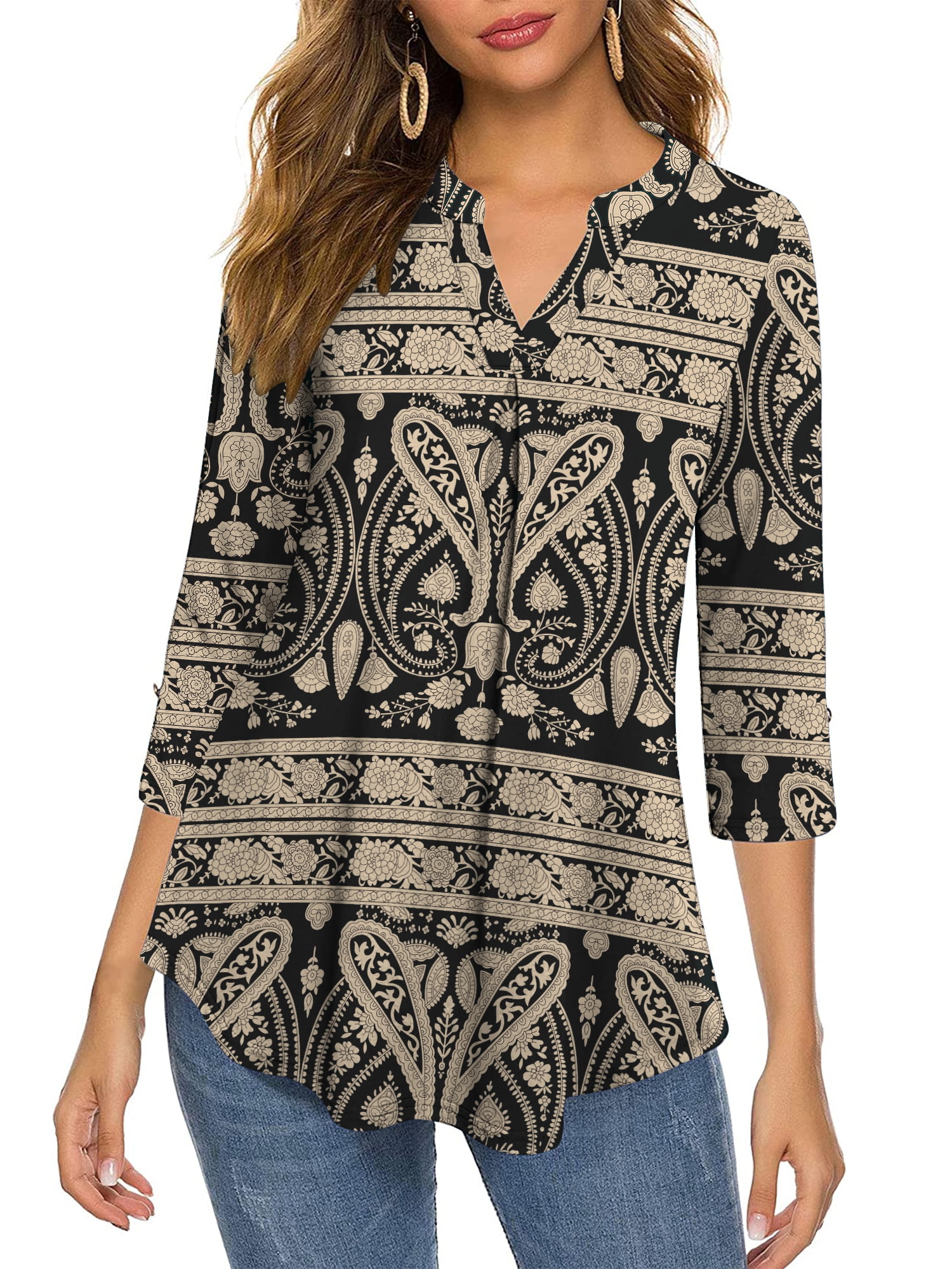 Chama 3/4 Sleeves V Neck Tunic Tops for Women Paisley Printed Folwy ...