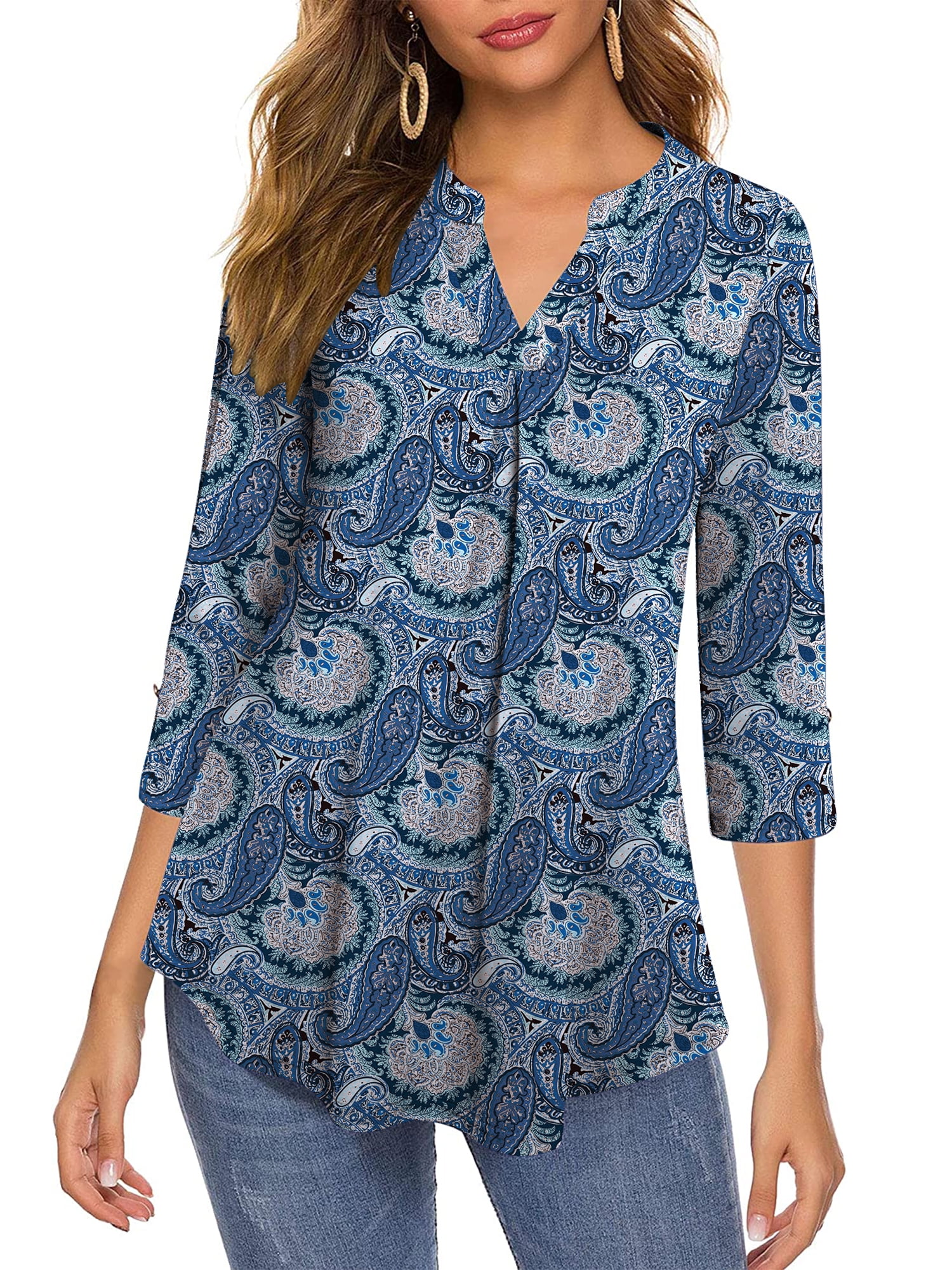 Chama 3 4 Sleeves V Neck Tunic Tops For Women Paisley Printed Folwy