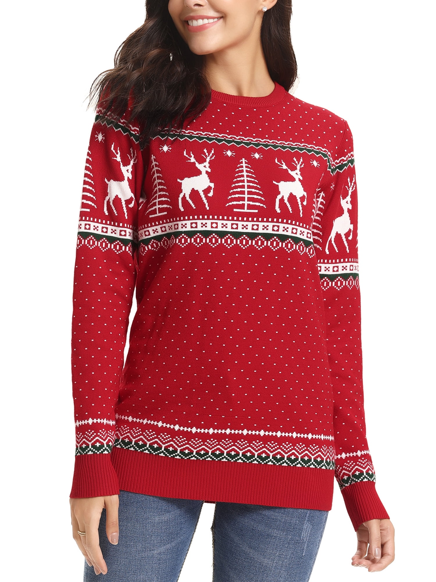 Chama Christmas Jumper for Women Crew Neck Reindeers Snowflake Sweaters ...