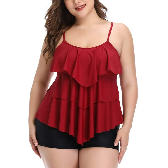 Chama Plus Size 2 Piece Swimsuits For Women Flounce Printed Tankini