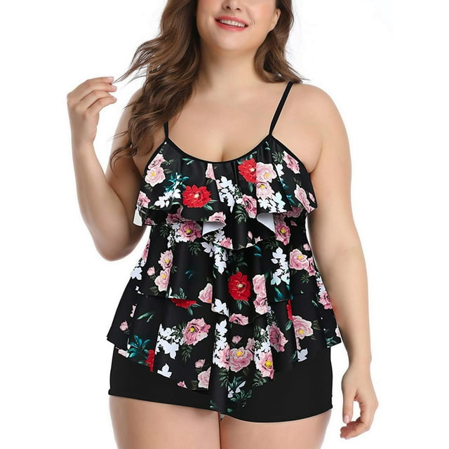 Chama Plus Size 2 Piece Swimsuits For Women Flounce Printed Tankini
