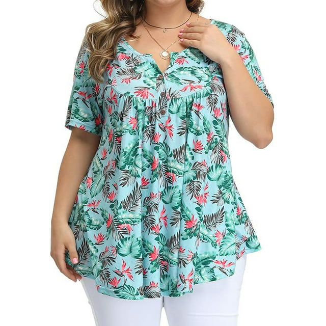 Chama Plus Size Henley Shirt for Women V Neck Button Up Floral Tunic ...