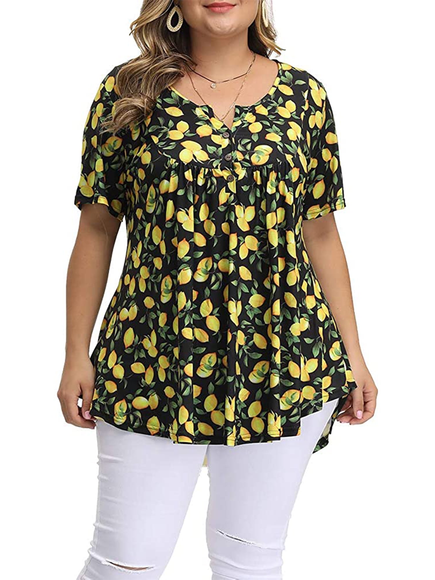 Chama Plus Size Henley Shirt for Women V Neck Button Up Floral Tunic ...