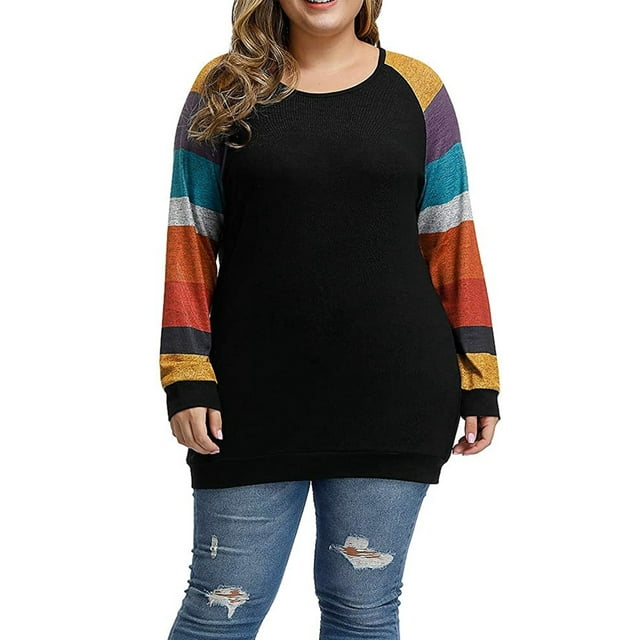 Chama Plus Size Long Sleeve Knit Blouse Shirts For Women Color Block