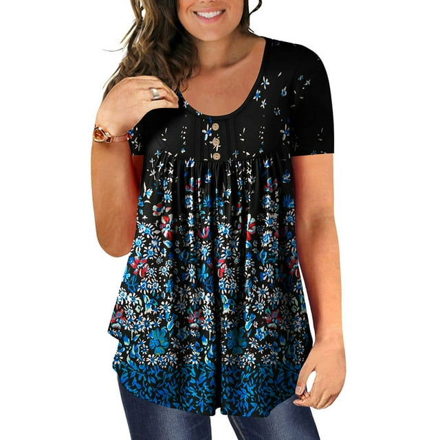 Chama Women's Plus Size Pretty Wear, Short Sleeve, Pleated Flowy Tunic ...