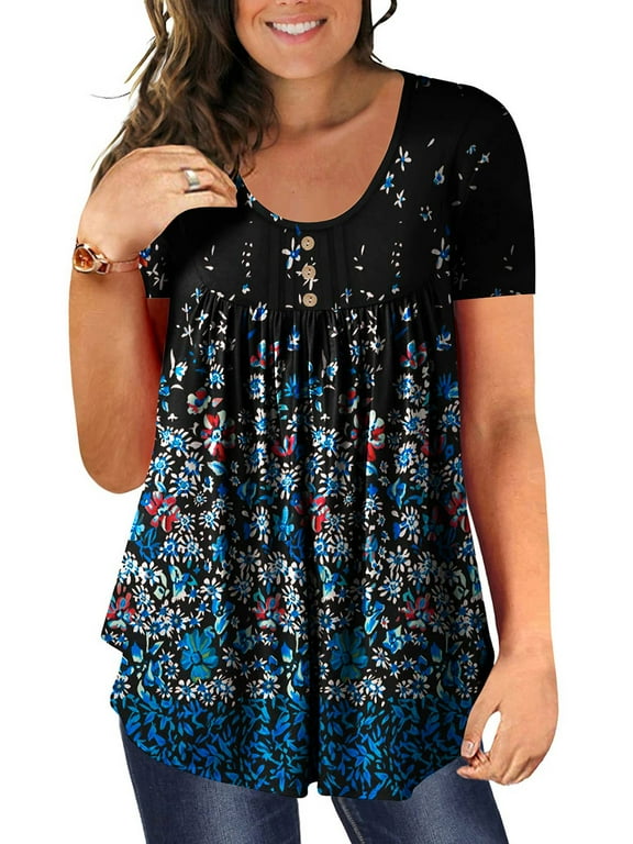 Folunsi Womens Plus Size Summer Tops Short Sleeve Lace Pleated Blouses