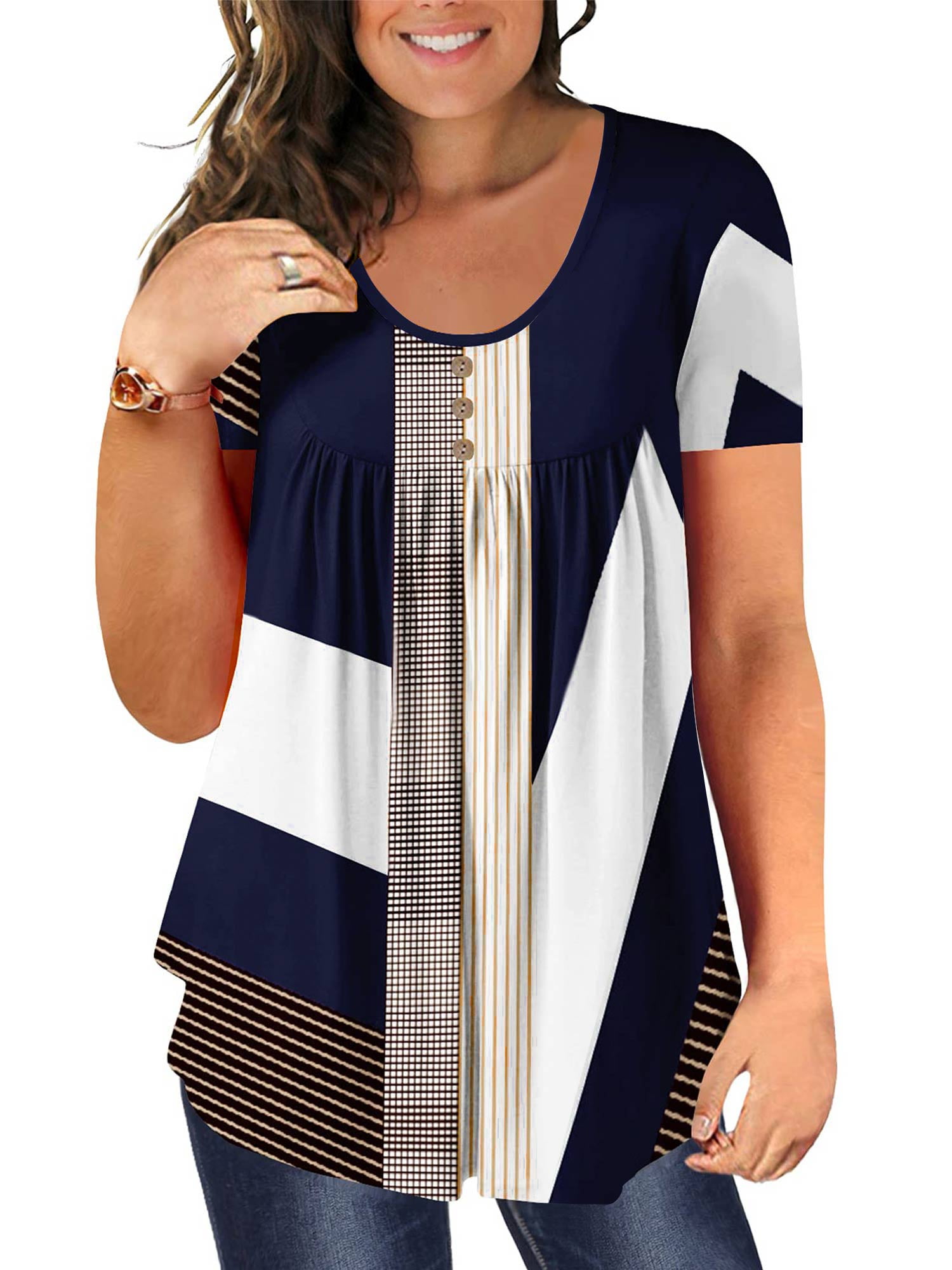 Chama Plus Size Short Sleeve Shirts for Women Pleated Flowy Tunic ...