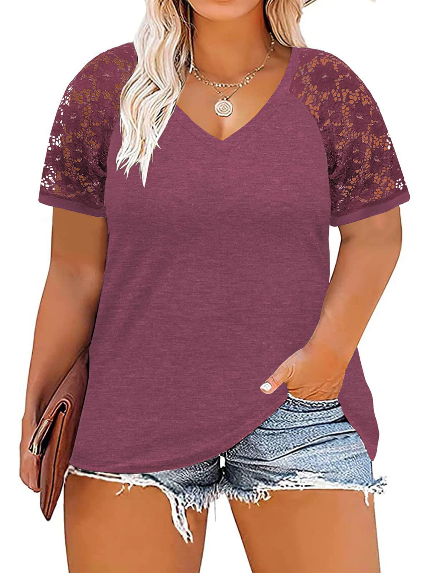 Chama Plus Size Tunic Shirt for Women Short Lace Sleeve Blouses Tops ...