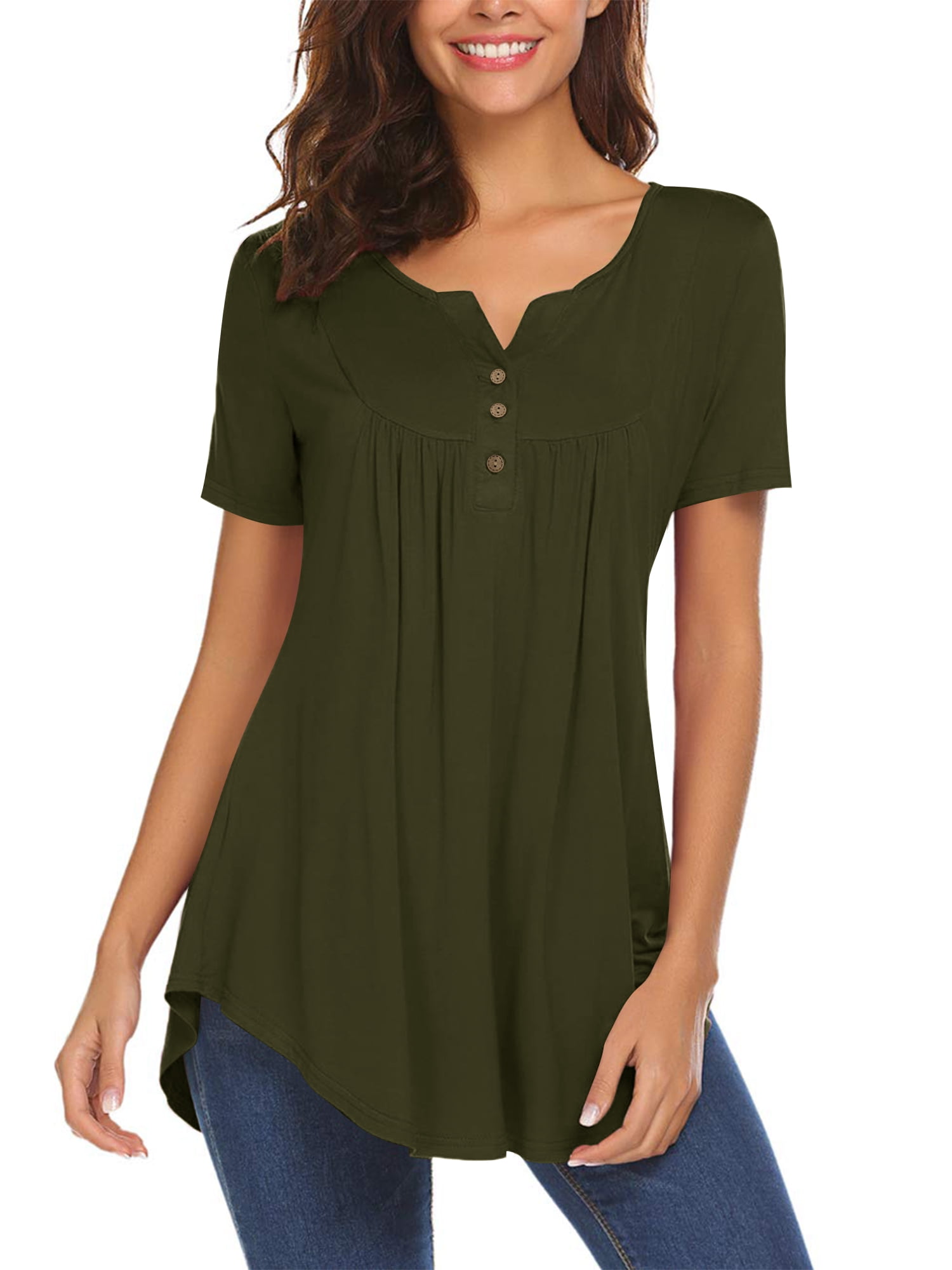 Chama V Neck Henley Shirts for Women Short Sleeve Pleated Tunic Tops ...