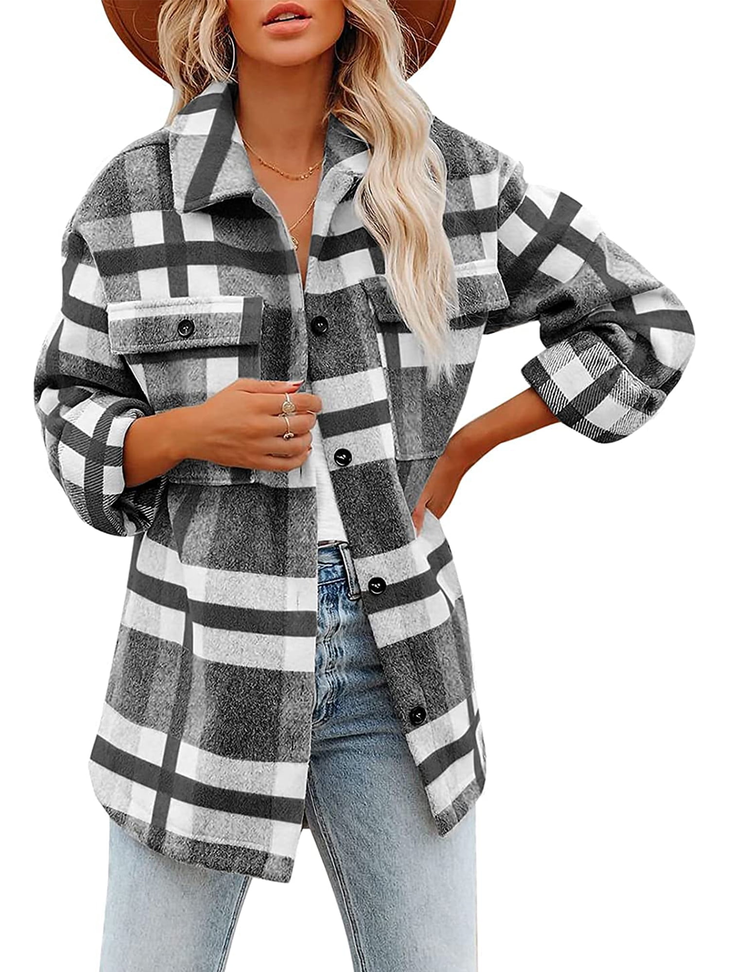 Chama Women's Flannel Plaid Jacket Oversized Long Sleeve Check Shacket ...