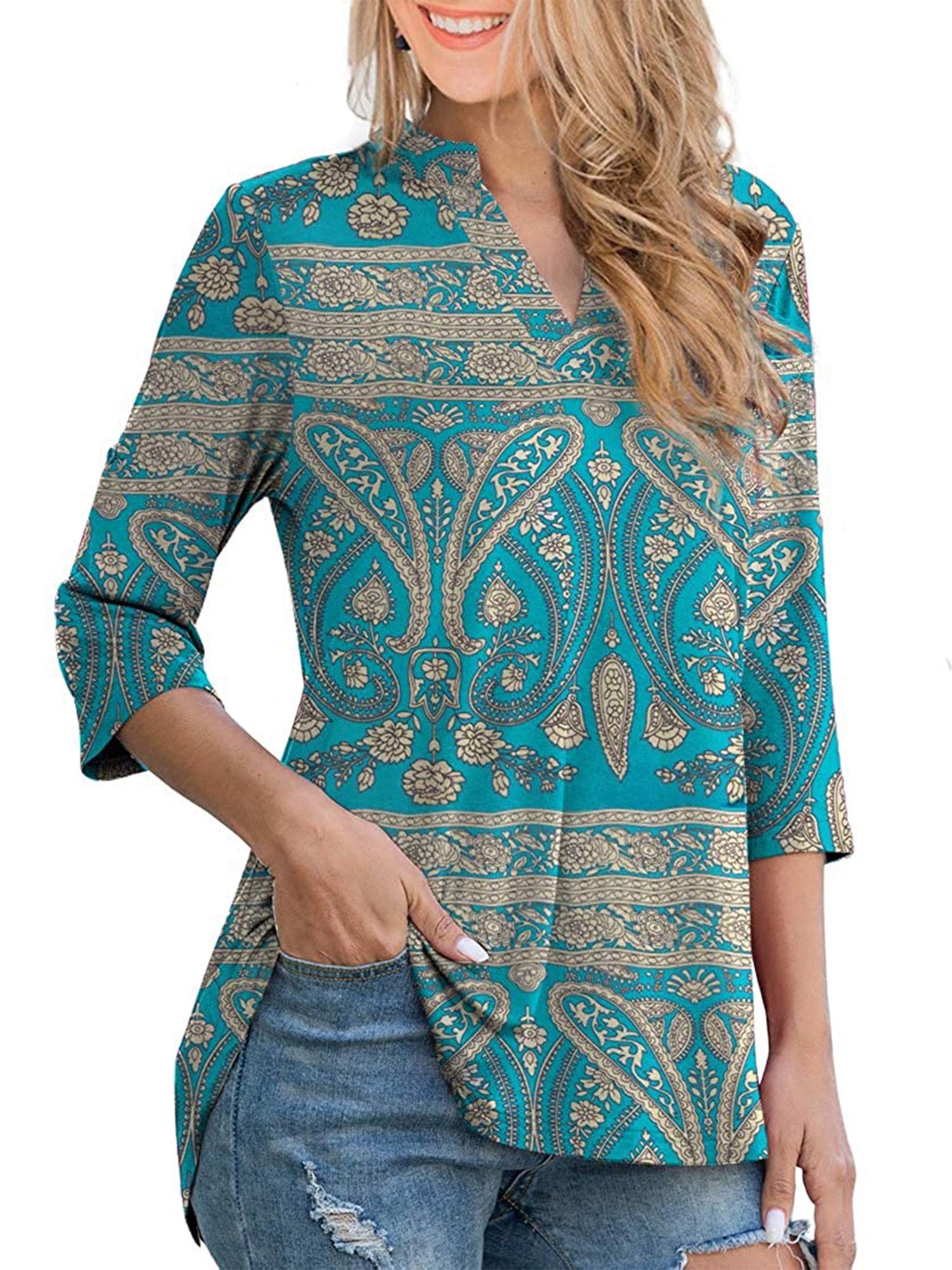 Chama Women's Plus Size 3/4 Roll Sleeves Tunic Tops Paisley Floral ...