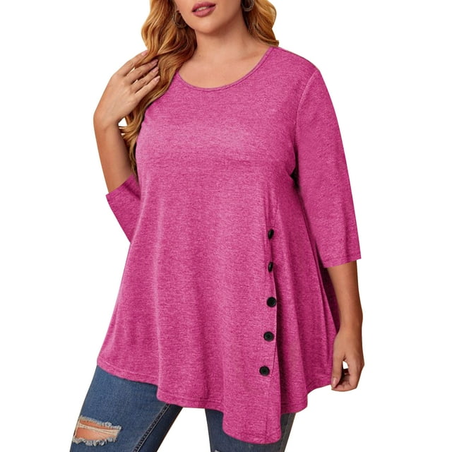 Chama Women's Plus Size 3/4 Sleeve Tunic Tops with Flowy Irregular Hem ...