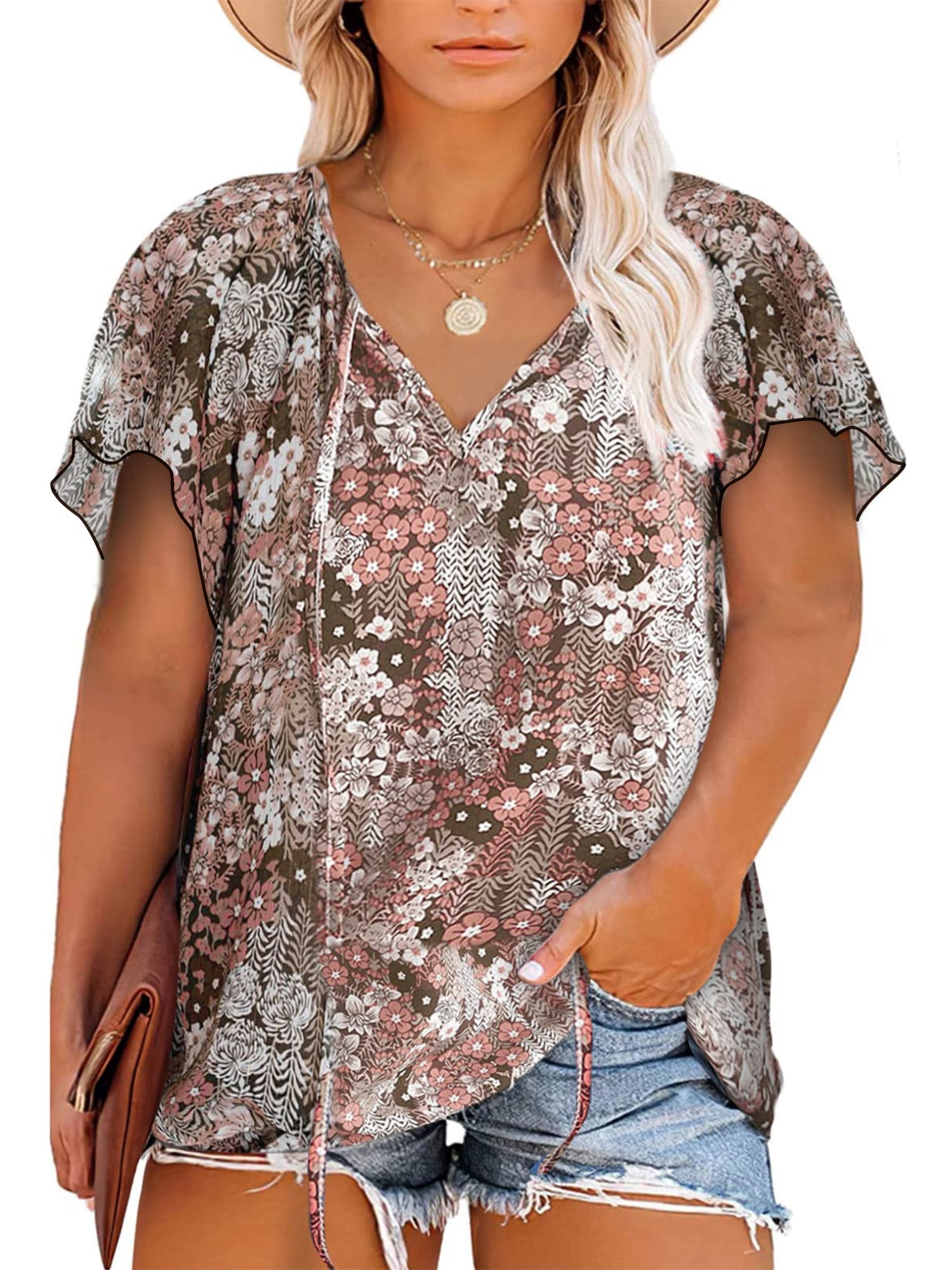 Chama Womens Plus Size Boho Floral Printed Tops Flutter Sleeve V Neck