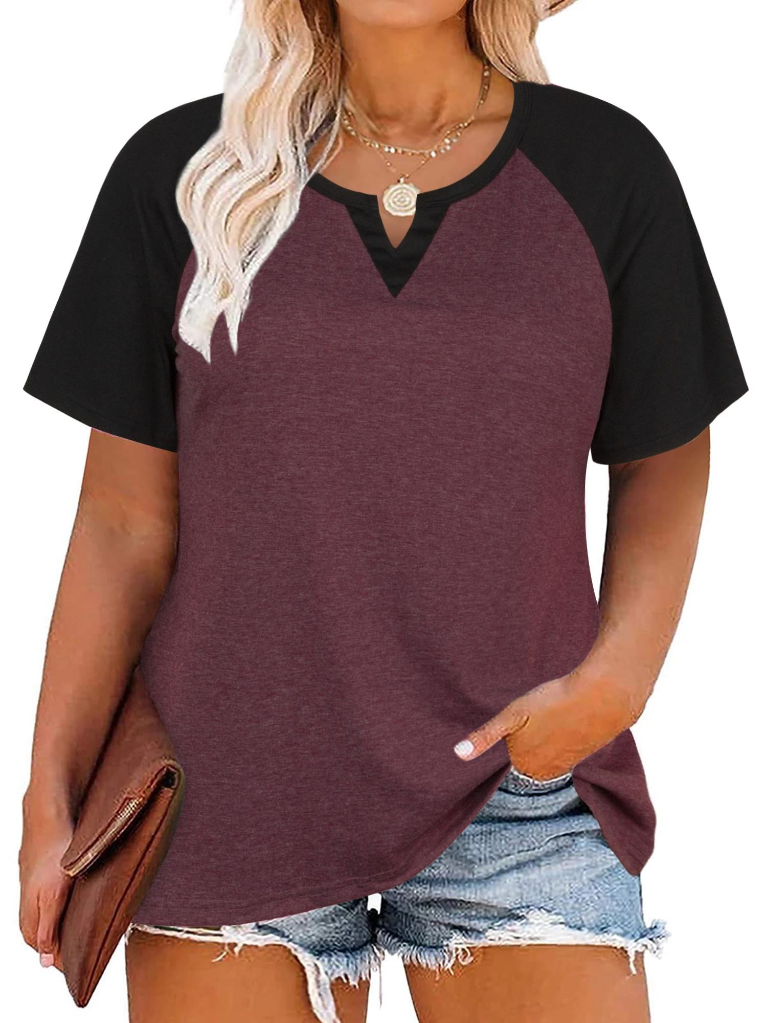 Chama Women's Plus Size Color Block Tops Raglan Tees Short Sleeve V ...