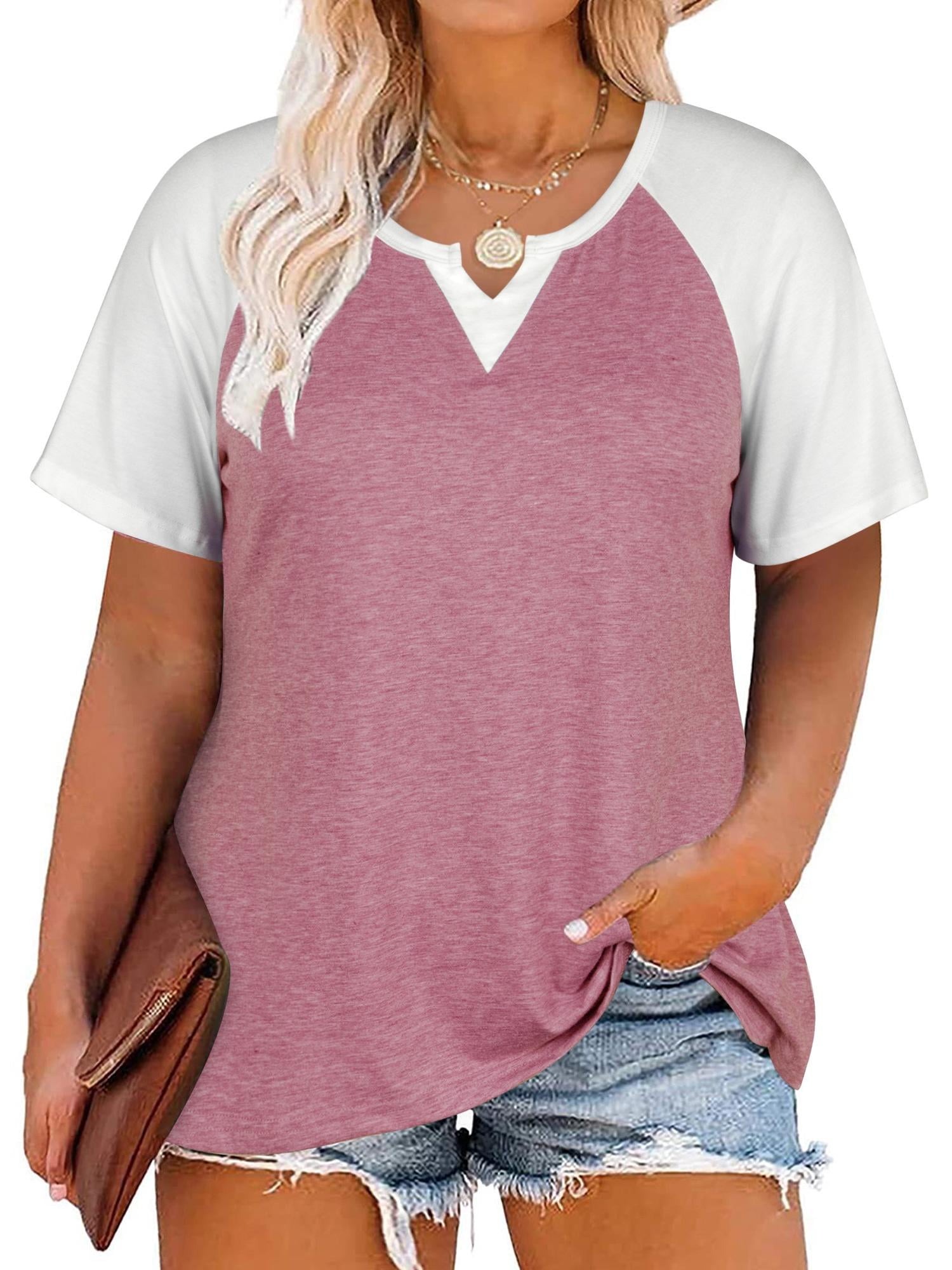 Chama Women's Plus Size Color Block Tops Raglan Tees Short Sleeve V ...