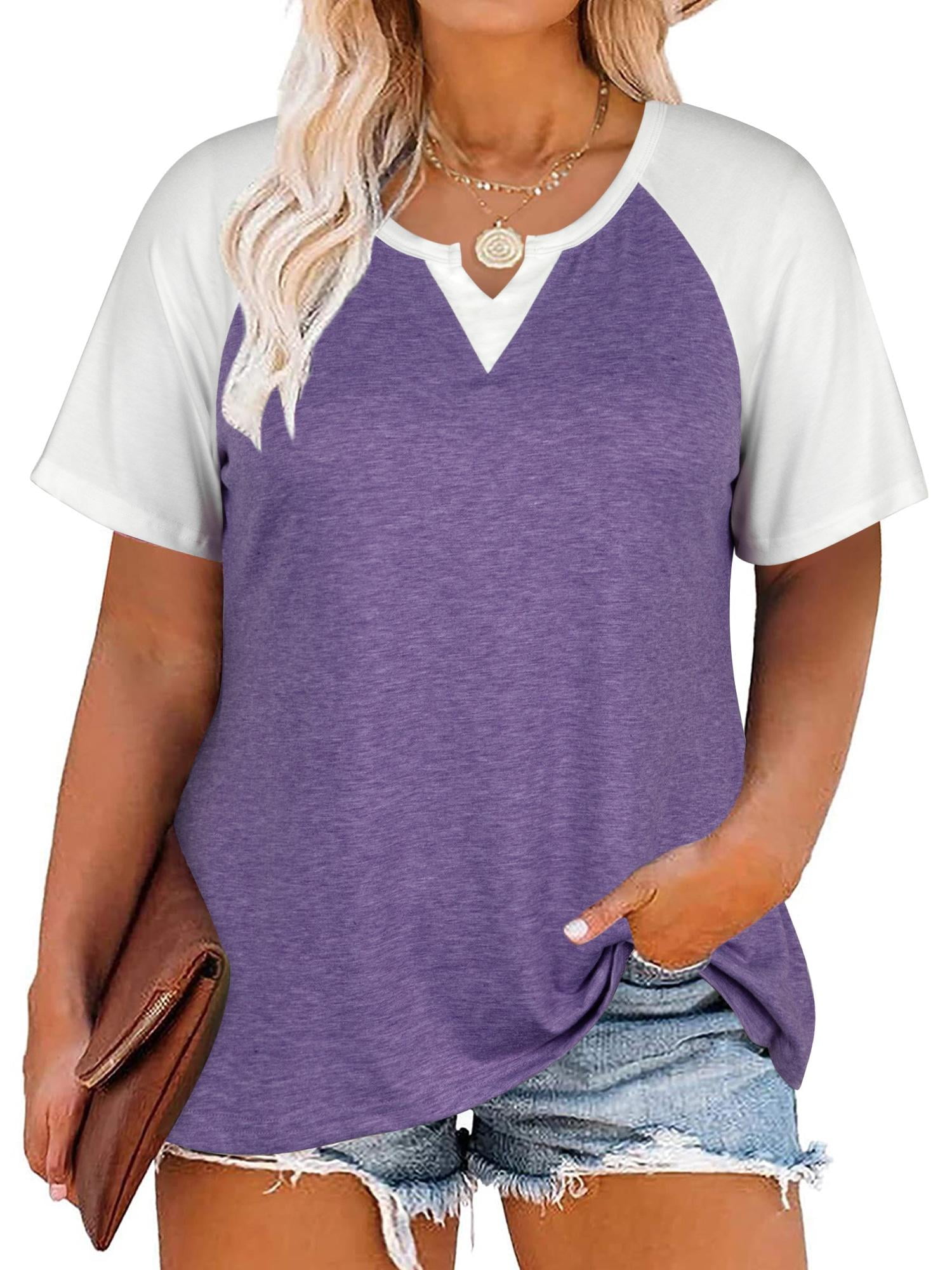 Chama Women's Plus Size Color Block Tops Raglan Tees Short Sleeve V ...