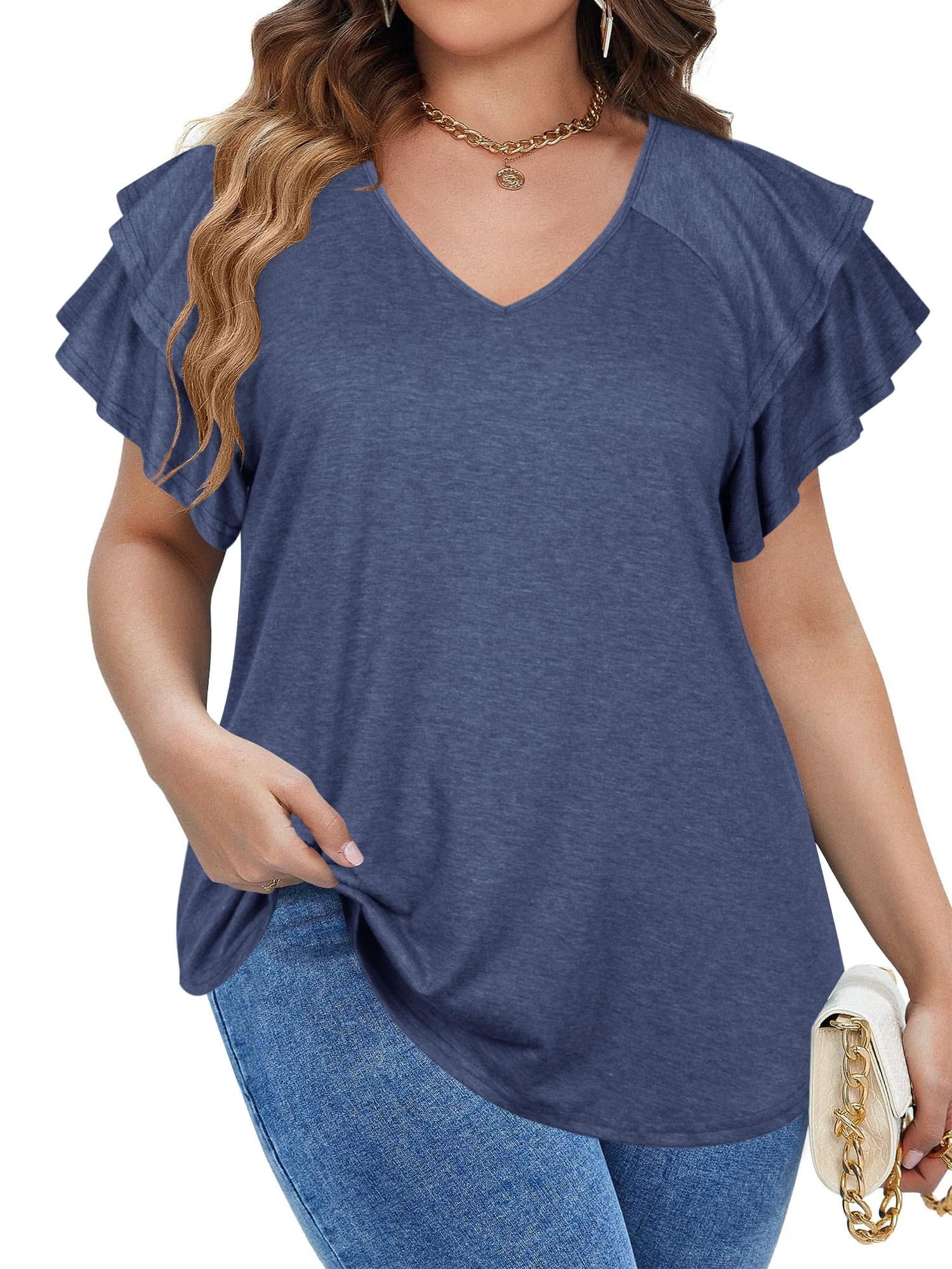 Chama Women's Plus Size Short Ruffle Sleeves V Neck Tops Casual Summer ...