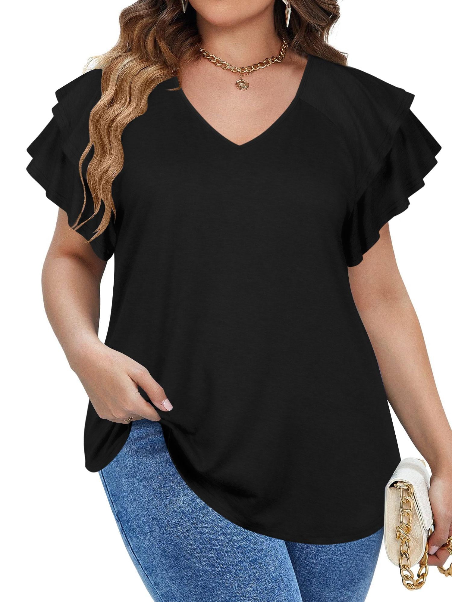 Chama Women's Plus Size Short Ruffle Sleeves V Neck Tops Casual Summer ...