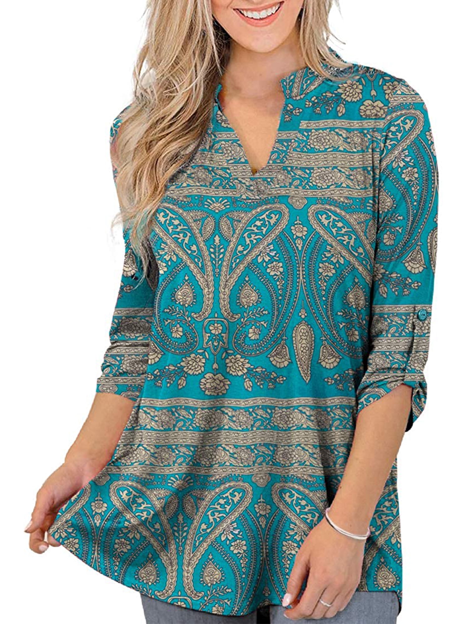 Chama Women's Plus Size Tunic Tops 3/4 Roll Sleeve Notch V Neck Blouses Shirts - Walmart.com