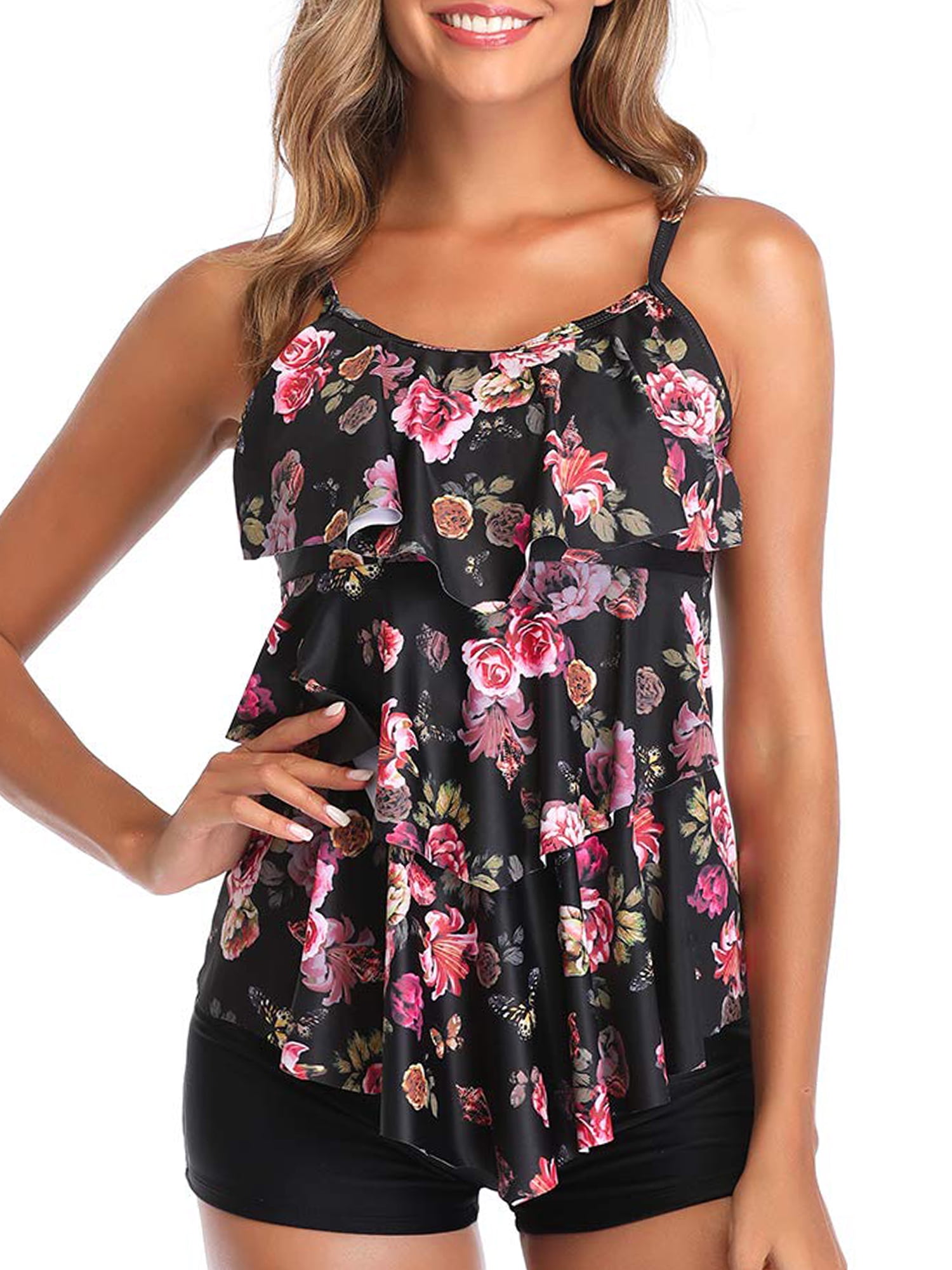 Chama Womens 2-Piece Flounce Swimsuits Ruffle Tankini Tops with Shorts ...