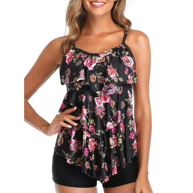 Chama Womens 2-Piece Flounce Swimsuits Ruffle Tankini Tops with Shorts ...