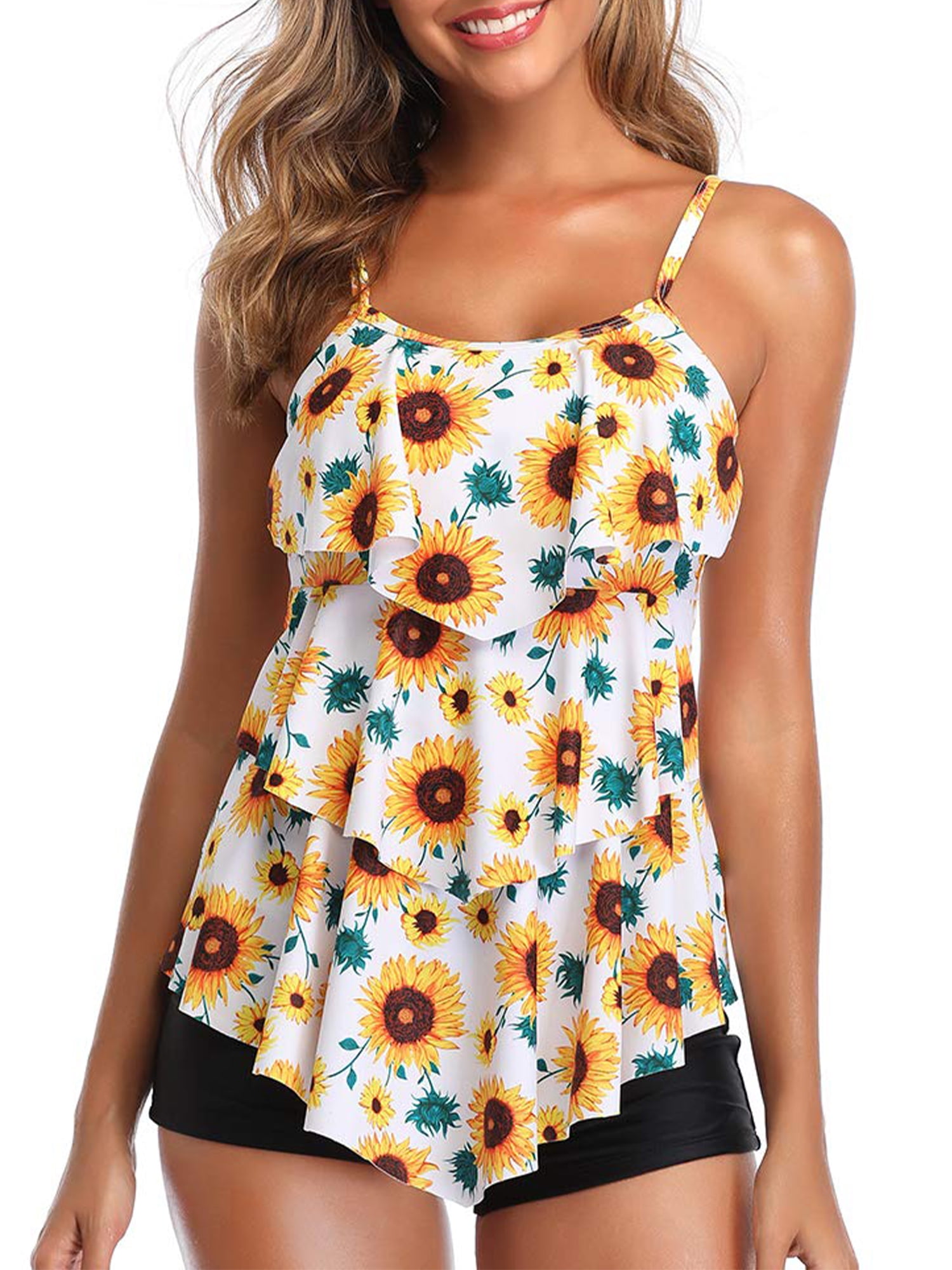 Chama Womens 2 Piece Swimsuits Flounce Ruffle Tankini Tops with Shorts ...