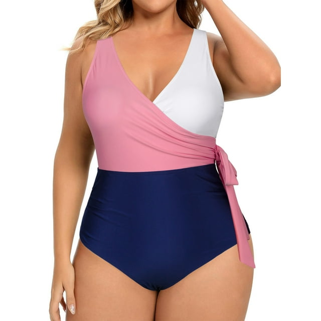 Chama Womens Plus Size Color Block Knot One Piece Swimsuit Tie Side