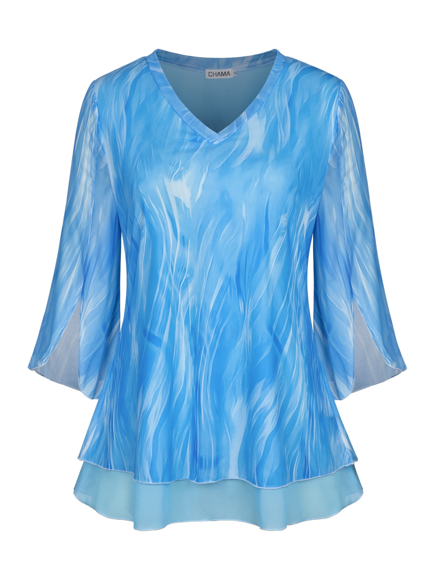 Chama Womens Plus Size Dressy Tops Ruffle 3/4 Sleeve V Neck Double ...