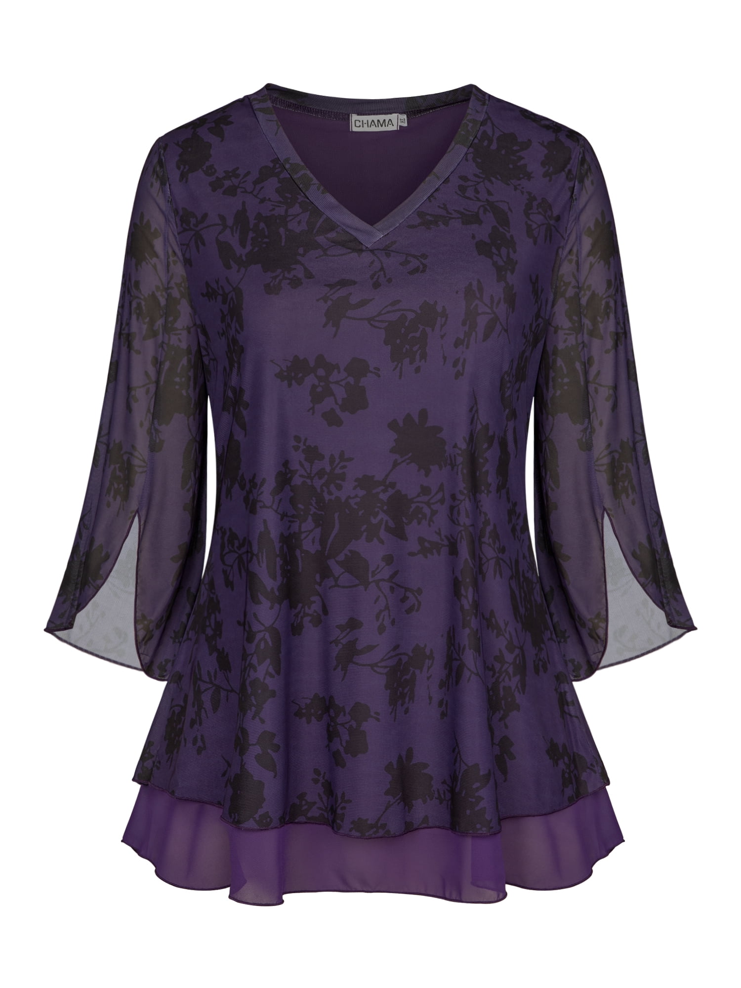 Chama Womens Plus Size Dressy Tops Ruffle 3/4 Sleeve V Neck Double ...