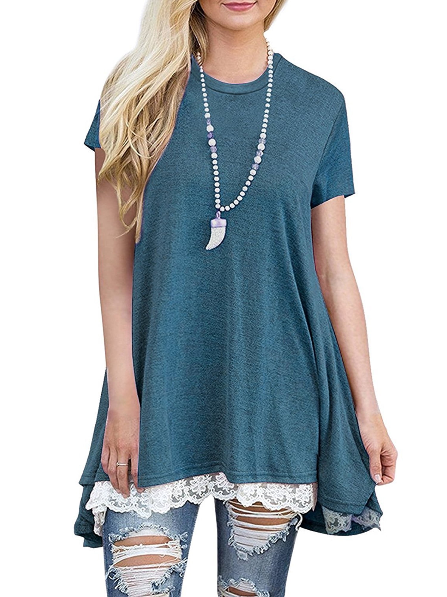 Chama Womens Plus Size Lace Splicing Shirt Short Sleeve Tunic Tops ...